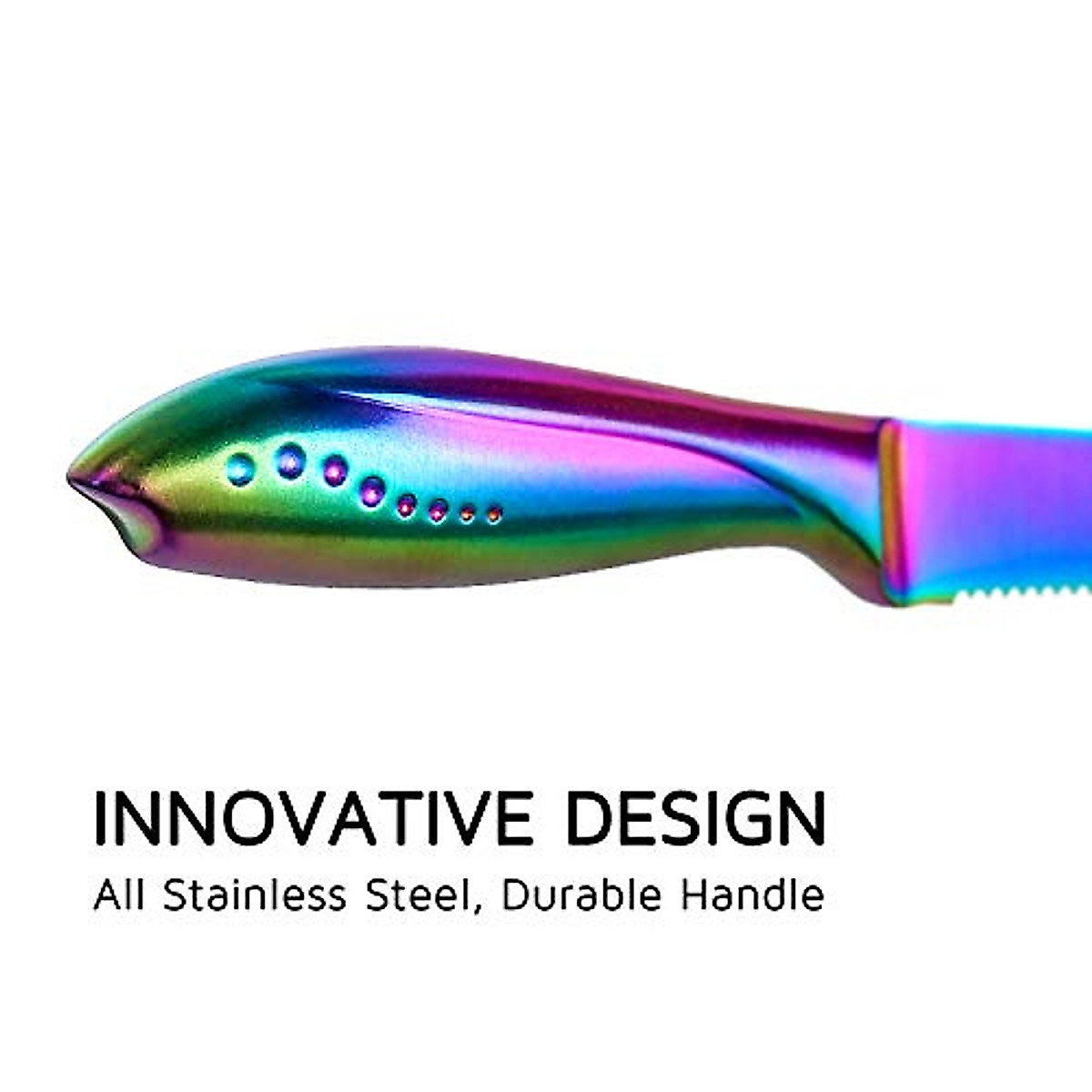 WELLSTAR Rainbow Serrated Steak Knife Set of 6, Razor Sharp German Steel Blade 4.75 inch and Comfortable Stainless Steel Hollow Handle with Titanium Coated Dinner Table Knives Set for Home Restaurant