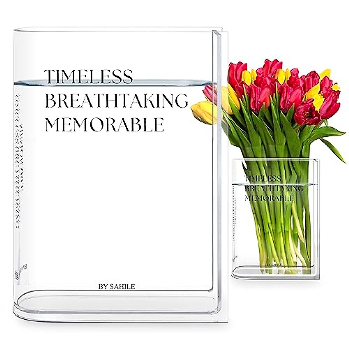 Clear Book vase for Flowers - Aesthetically Designed Acrylic Book Vase for Bookshelf Decor and Centerpieces - Ideal Bookish Gift for Women Friends - Inspirational Phrase (Black)