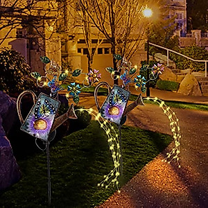 Solar Outdoor Watering Can Lights-Butterfly Decorative Path Lights, Metal Glass Solar Powered Garden Waterfall Decor Ornament for Yard Lighting Outside