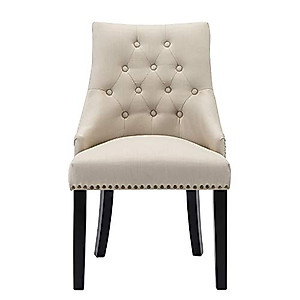 LSSBOUGHT Set of 2 Fabric Dining Chairs Leisure Padded Chairs with Black Solid Wooden Legs,Nailed Trim,Beige