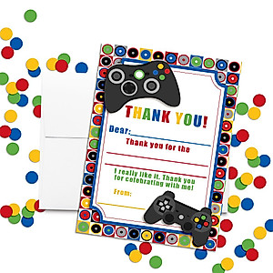 Game On Video Gamer Themed Thank You Notes for Kids, Ten 4" x 5.5" Fill in the Blank Cards with 10 White Envelopes by AmandaCreation