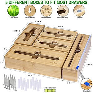Bamboo Food Bag Storage Organizer for Kitchen Drawer, Plastic Bag Organizer with Individual Boxes and Plastic Wrap Cutter - for Sandwich, Slider, Quart, Slider Quart, Gallon, Plastic Wrap, Foil