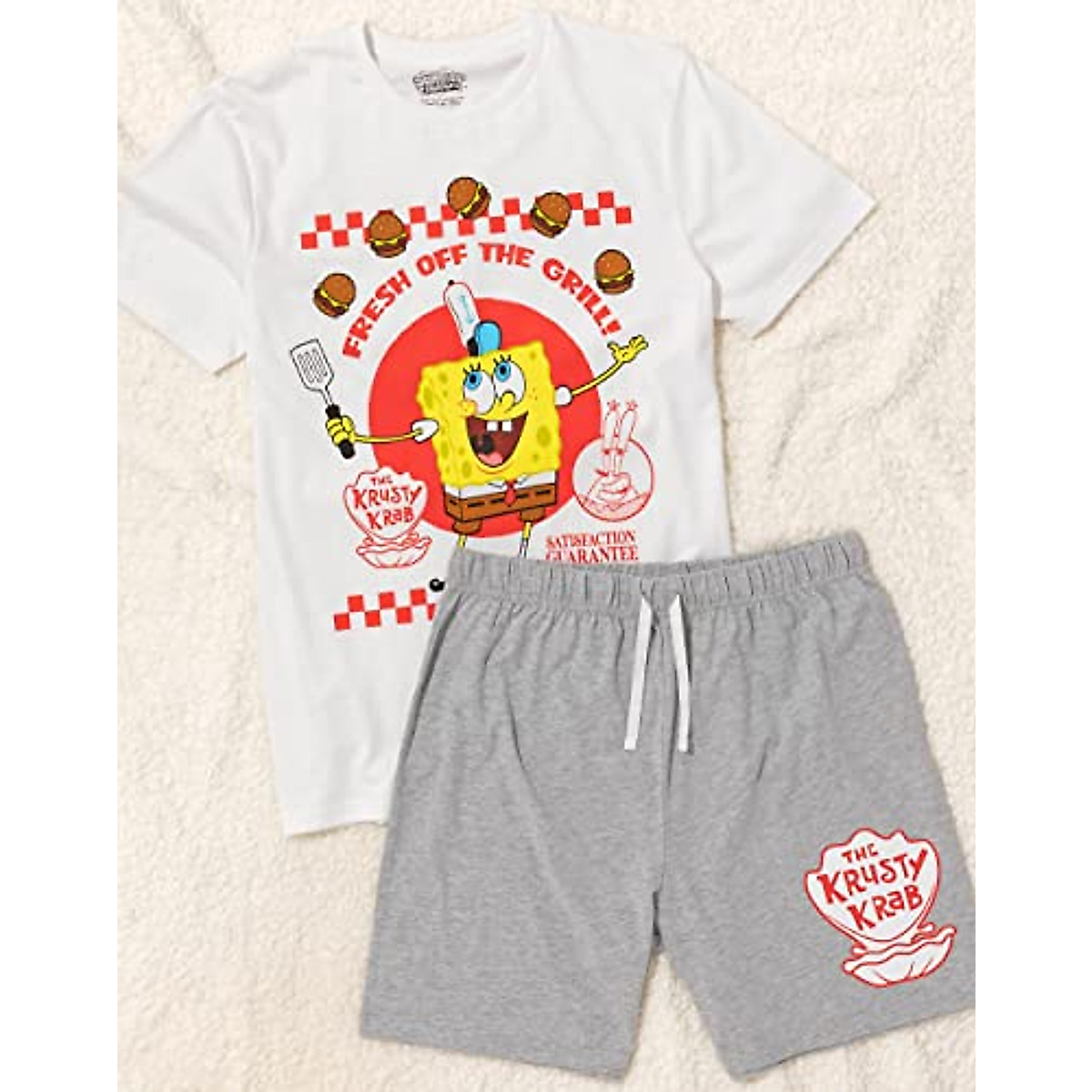 SpongeBob SquarePants Mens Pajama Set | Adults Short Sleeve T-Shirt & Shorts PJs | Krusty Krab Burger Loungewear | 90s Gift White