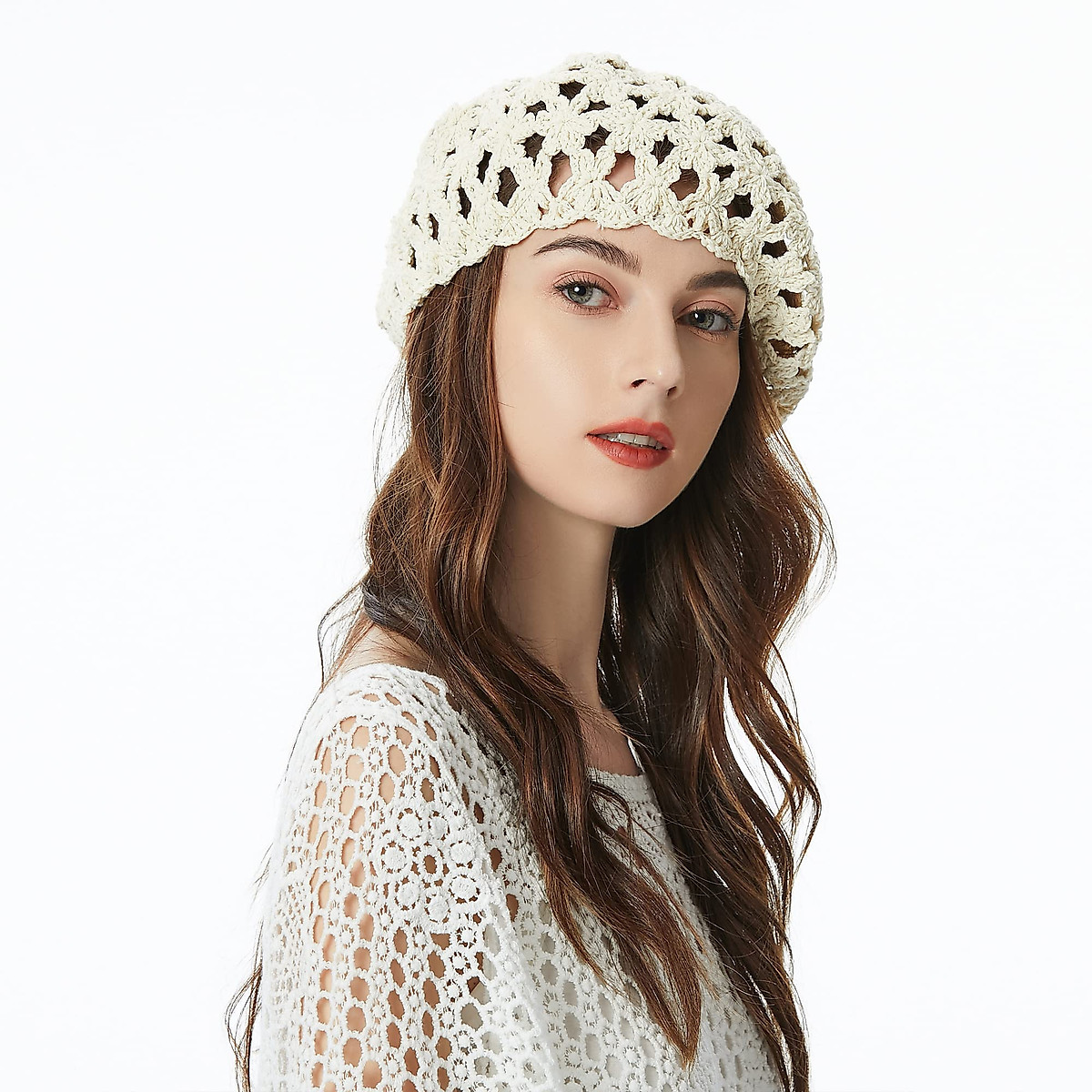 ZLYC Women Cotton Slouchy Crochet Beret Handmade Cutout Floral Beanie Hat (Beige)