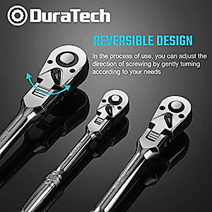 DURATECH 3-Piece Flex-Head Ratchet Set, 1/4", 3/8", 1/2" Drive ratchet, 72-Tooth with Quick-Release Reversible Design, Chrome Alloy Made, Fully Polished, Organized in Storage Case