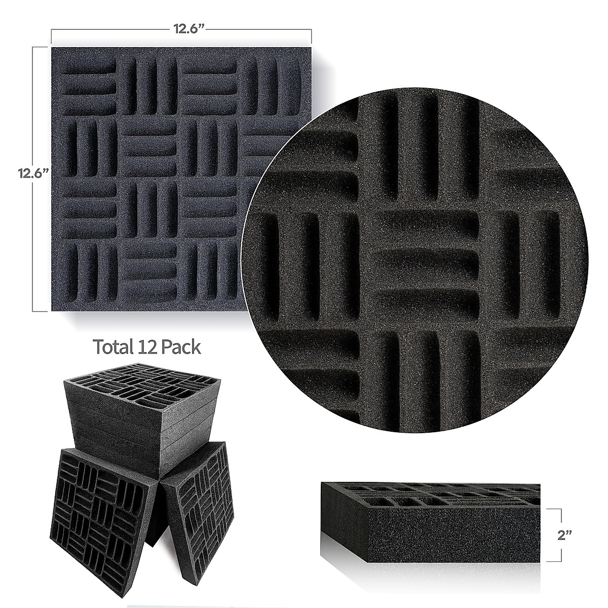 Foroomaco 12 Pack Acoustic Foam Panels 12.6"x12.6"x2" Grid Style Sound Proof Foam Panels for Walls, Home Studio Acoustic Treatments, Sound Insulation Absorbing Foam (Black)