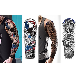 Aresvns Independence Day Temporary Tattoo 32 Sheets,USA Flag Sleeve Tattoo,Red White and Blue Party Supplies, 4th of July, Memorial Day, Labor Day Decorations Patriotic Tattoos