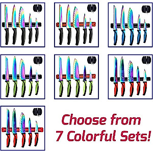 SiliSlick Kitchen Knife Set, Titanium Coated Stainless Steel Colorful Blades, Chef, Bread, Santoku Utility & Paring Knives, Magnetic Mounting Rack & Portable Sharpener