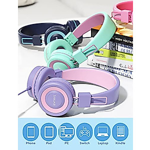 SIMJAR 4 Pack Kids Headphones with Microphone for School Classroom Bulk Set, Volume Limiter 85/94dB, Wired Girls Headphones with Foldable Design for Online Learning/Travel/Tablet/iPad (4 Pack)