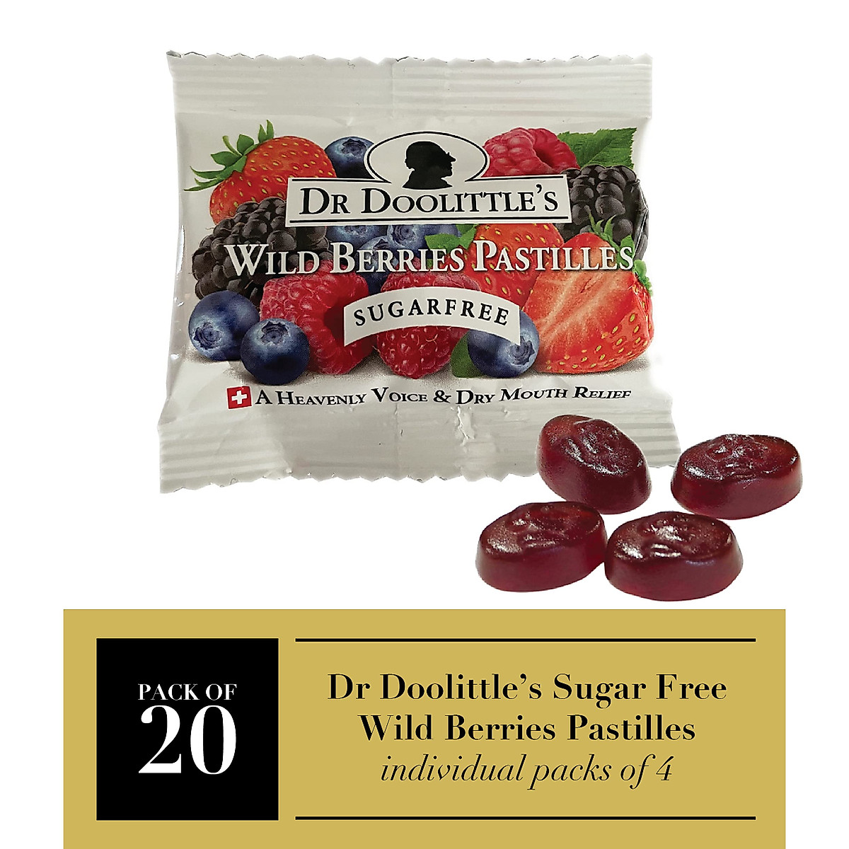 Dr. Doolittle’s Sugar Free Soft Fruit Pastilles for Voice and Throat, Wild Berries Flavor, Travel Size Bag,0.33 ounces approximately 4 Count Package, 20 Pack