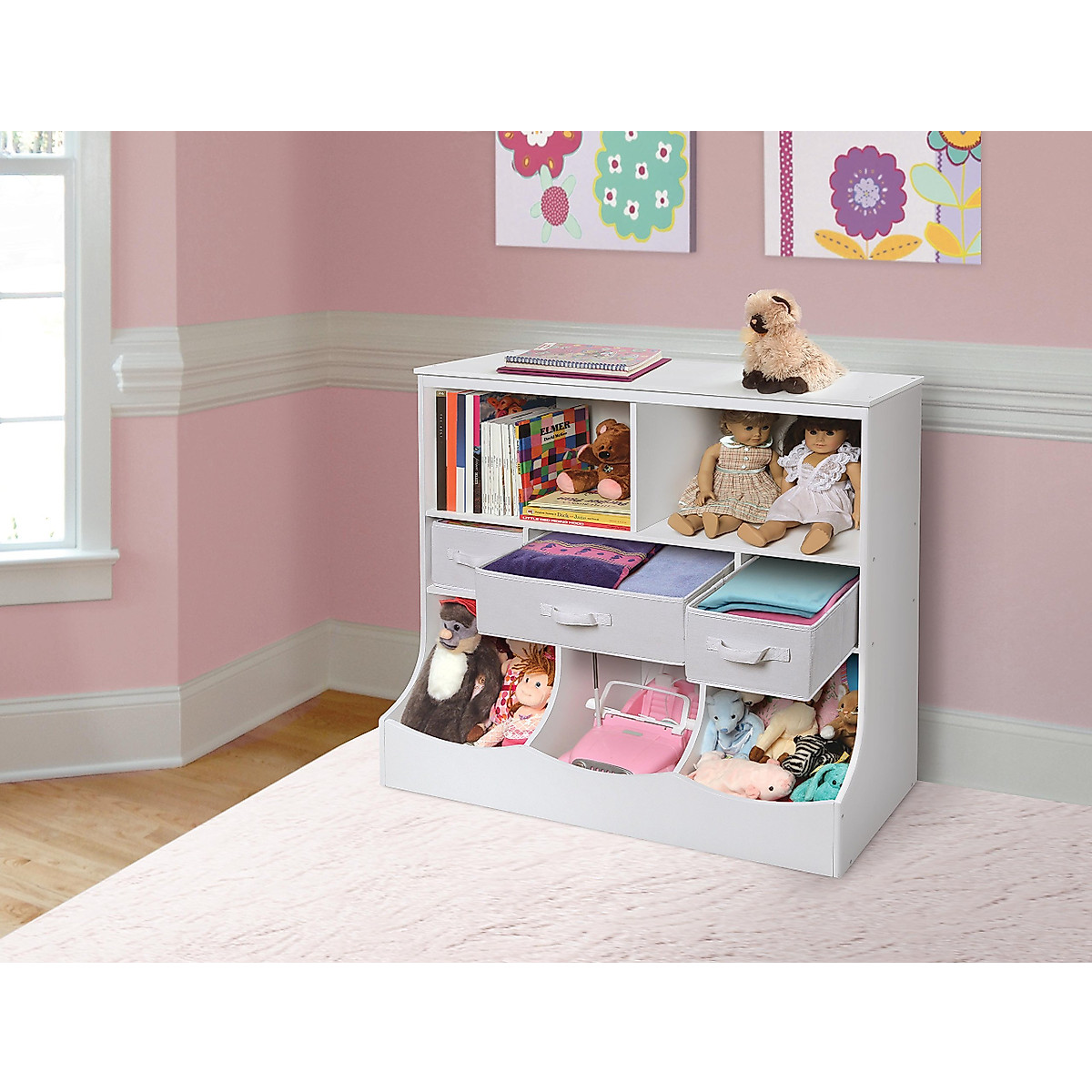 Badger Basket Combo Bin Toy Storage Unit and Book Shelf for Kids with 3 Baskets - White