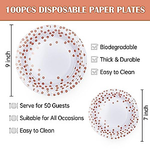 ROSINL Disposable Paper Plates 100 Pack White and Rose Gold Dots Paper Plates 50 x 9 and 50 x 7 Dinner Plates, Foil Polka Dots Paper Plates for Wedding Bridal Shower Engagement Birthday Parties