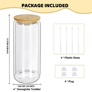 Maucircol 20 Oz Snow Globe Tumbler, 4 Pack Pre-Drilled Sublimation Glass Cup For Glitter Snow Globe Diy, Double Wall Sublimation Glass Tumbler