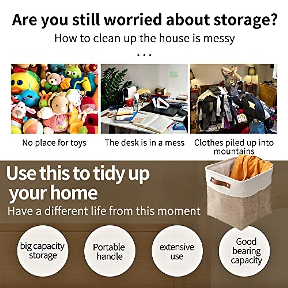 Jossens 11 Inch Fabric Baskets with Leather Handles,Foldable Cubes Storage Bins Set of 4 for Cube Organizer Home Toy Nursery Closet Bedroom(Khaki)