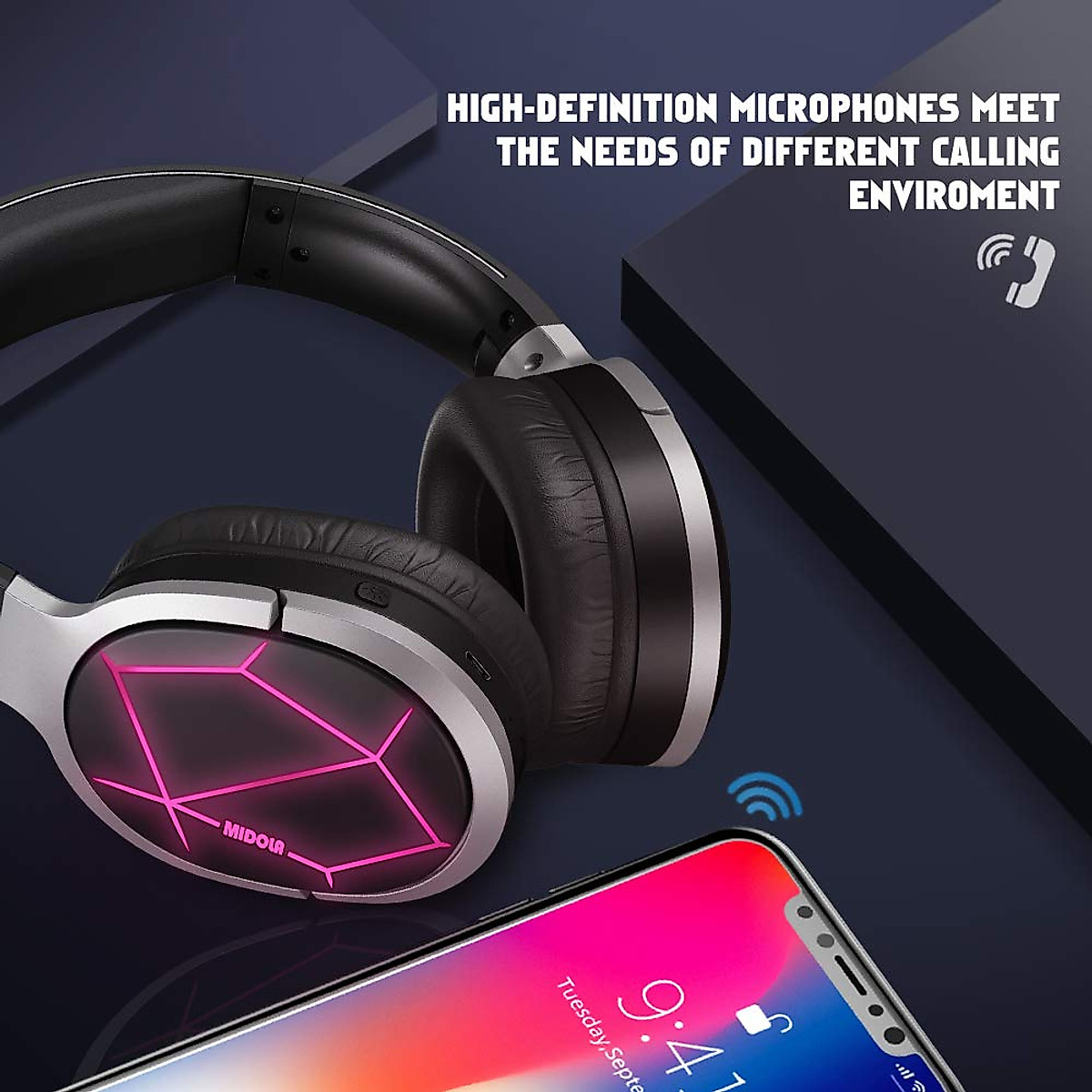 MIDOLA Headphone Bluetooth 5.0 Wireless LED Light DJ Over-Ear Foldable w/Mic Hi-Fi Audio, Deep Bass, Soft Protein Ear Cups 30-35H Playtime for Travel Home Office Cellphone Pad Notebook Black