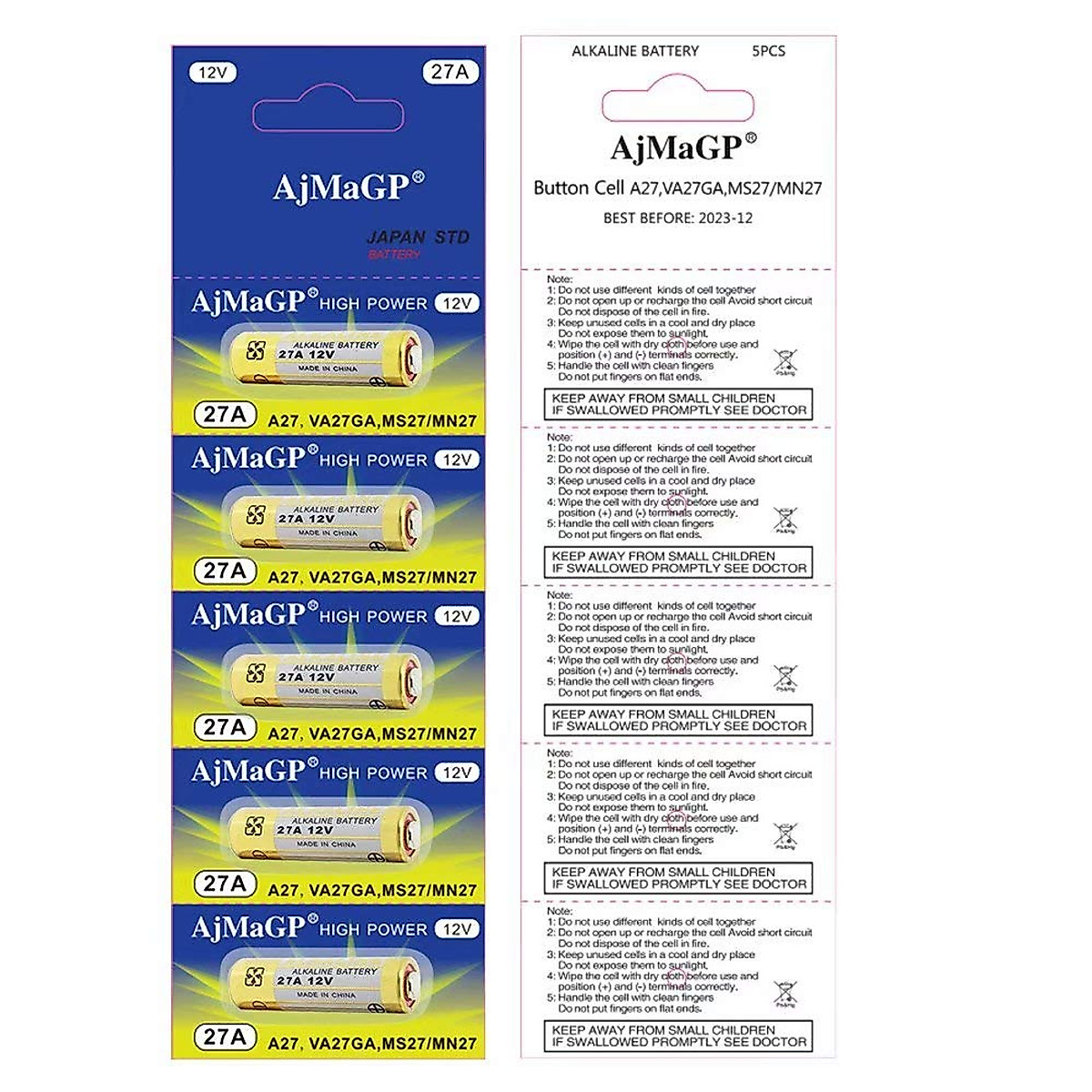 Pack of 5 A27 27A 12V MN27A Alkaline Battery