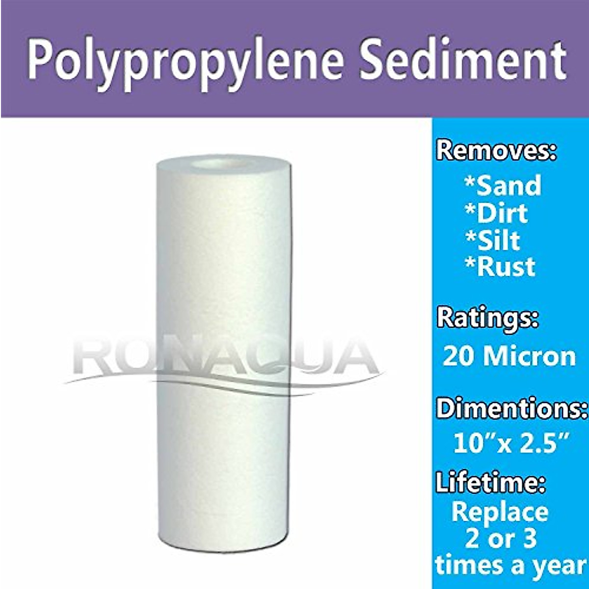 Ronaqua 50 Pack of Melt-blown Four Layers Filtration Polypropylene Sediment Filters 10"x 2.5" WELL-MATCHED with P5, AP110, WFPFC5002, CFS110, RS14, WHKF-GD05 (20 Micron)