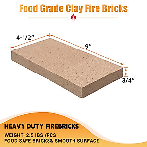 Firebricks, Food Grade Clay fire Bricks, 2700F Size 9″ x 4-1/2″ x 3/4″, Insulating Fire Bricks, 0.75" Thick Clay Firebricks Replacement for Wood Stoves, Fireplaces, Fire Pit, Kiln, Pizza Oven, 6 Pack
