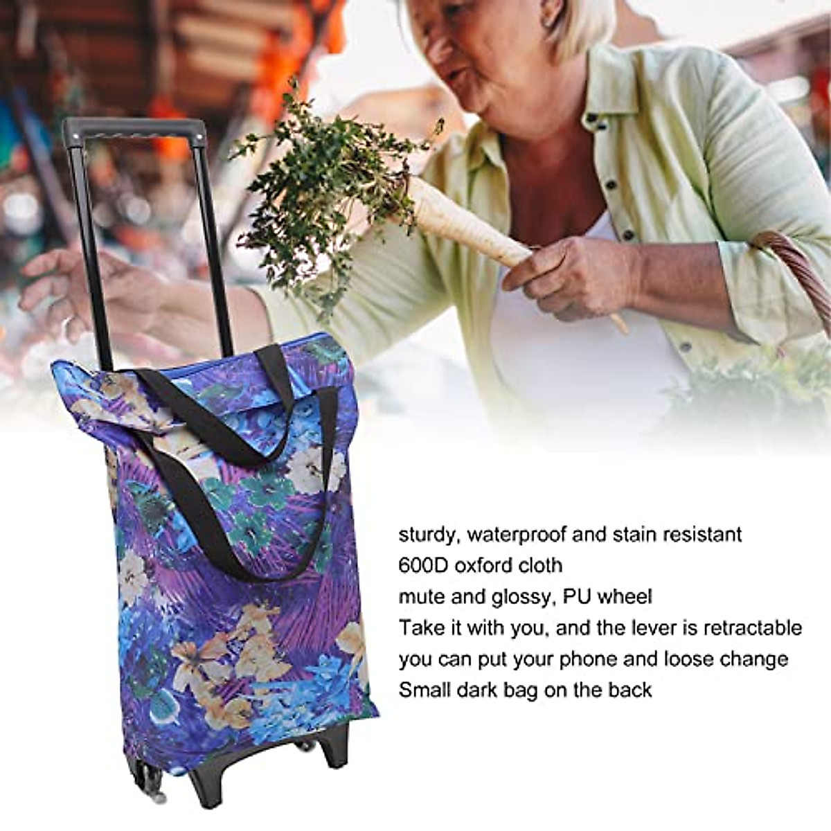 Folding Shopping Cart, Large Capacity Reusable Waterproof Grocery Cart with Removable Bag, Washable Durable Collapsible Shopping Bag with Wheels, 600D Strong Heavy Duty Utility Cart for Travel Camping