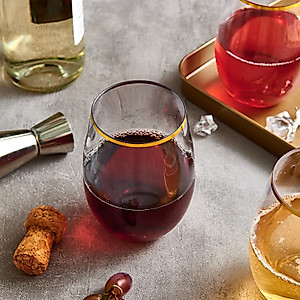 FOCUSLINE 20pcs 16 Oz Plastic Wine Glasses, Stemless Gold Rim, Heavy Duty Disposable Drinking Cups, Reusable Shatterproof for Party & Wedding