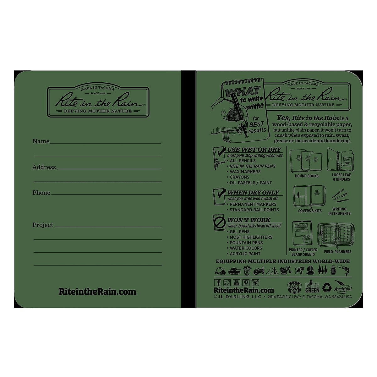 Rite in the Rain Weatherproof Mini-Stapled Notebook, 3 1/4" x 4 5/8", Green Cover, Universal Pattern, 3 Pack (No. 971FX-M), 4.625 x 3.5 x 0.125