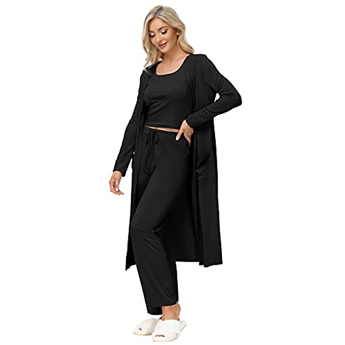 GRACE KARIN Womens Ribbed Knit Lounge Sets 3 Piece Loungewear Pjs Robe Cardigan