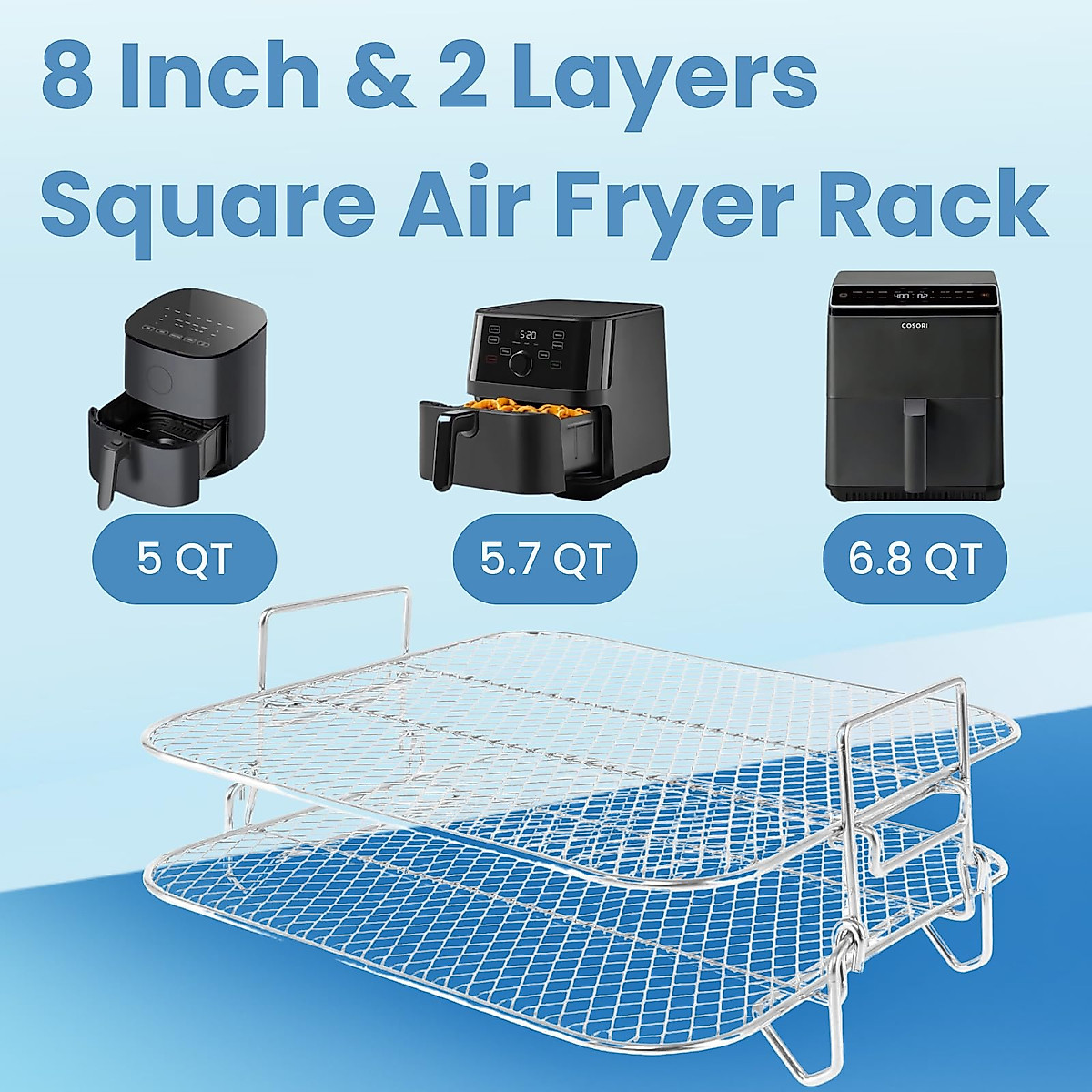 8 inch Square Air Fryer Rack, Lancisism 2 Layers Stainless Steel Dehydrator Rack Grill Square Air Fryer Accessories-8.27×8.27×3.6inch