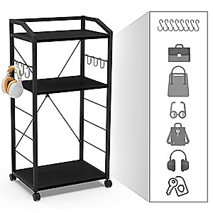 VEDECASA Large 3-Tier Mobile Printer Stand Computer Tower Stand PC Stand CPU Stand Retro Farmhouse Wood Printer Shelf for Home Office Kitchen Organizer Storage with 8 Hooks Caster Wheels (Black)