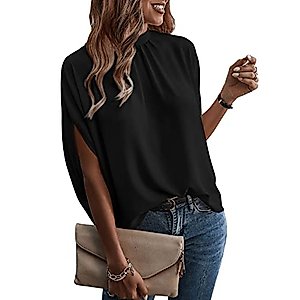 Verdusa Women's Casual Tie Back Dolman Sleeve Mock Neck Blouse Top Black L