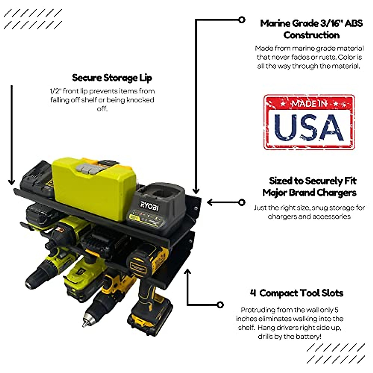 BEHR-ENGR Thick Plastic Power Tool Organizer - Wall Mountable, Drill Storage, Charging Station Shelf (Drill Rack w/ Shelf)