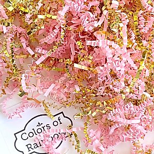 Colors of Rainbow - 3 oz - Gold & Pink - Mixed Color Shred Filler Crinkle Cut Paper for luxury Gift Box Filler Gift Basket Stuffing Shipping Packaging Craft Party Favor Bags (Gold & Pink)