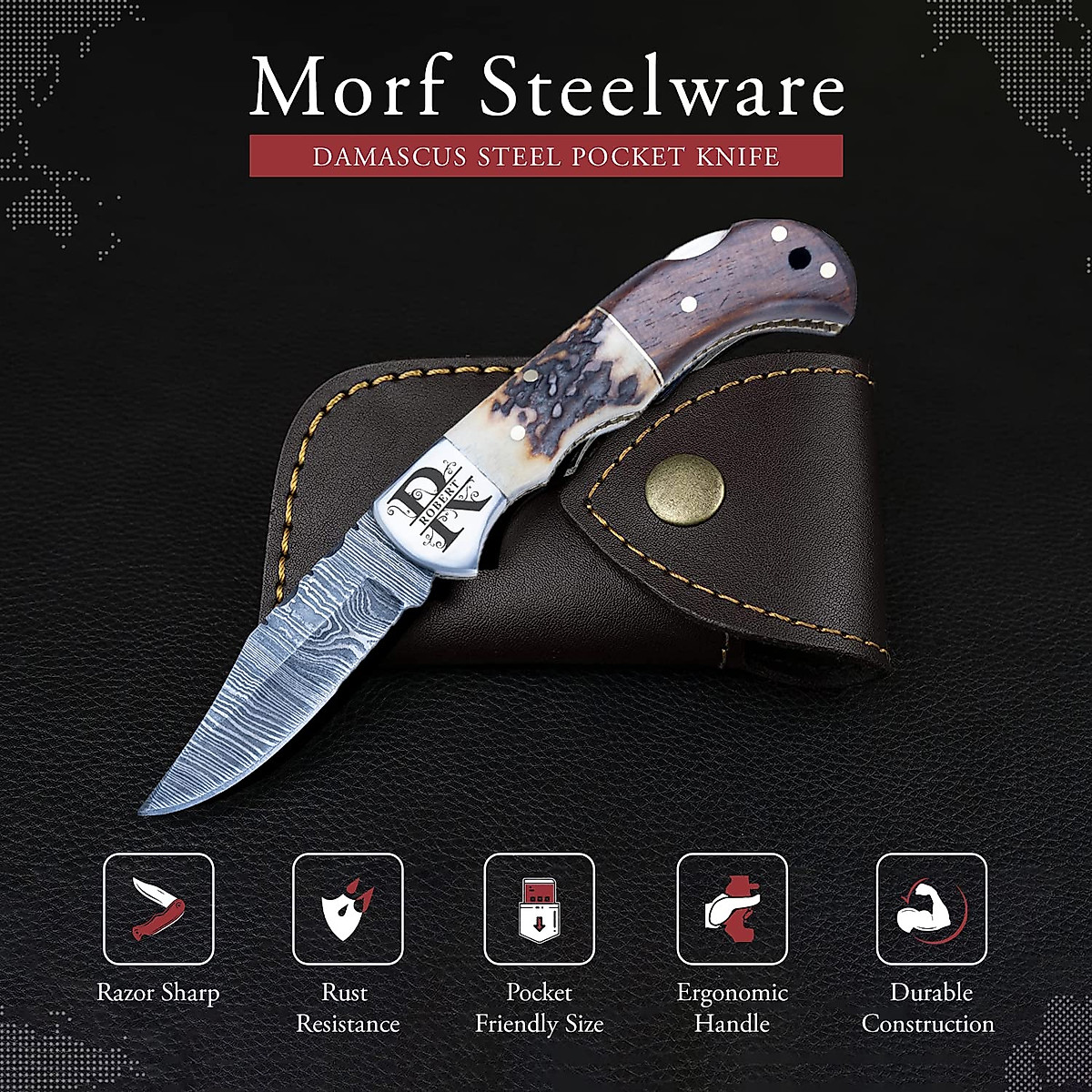 Morf Steelware Customized Damascus Steel Pocket Knife Handmade Folding Knives Small Pocket Knife for Outdoor, Camping, Hiking Back Lock Blade Made of Authentic Damascus Steel