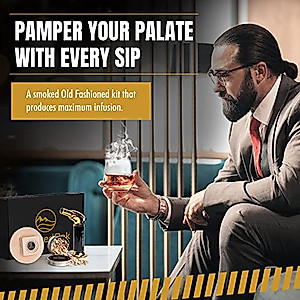 RustedOak Whiskey Smoker Kit - 9 Piece Cocktail Smoker Kit with Torch, 4 Wood Chip Flavors, Ice Ball Maker, Spoon, and Cleaning Brush - Bourbon Smoker Kit Great Gift