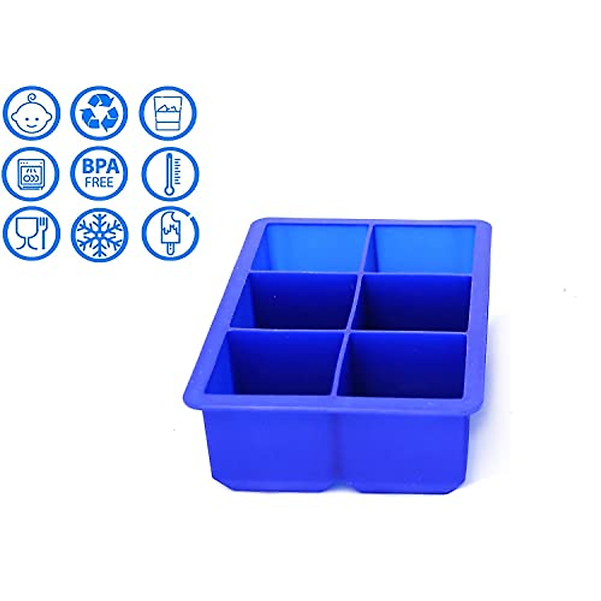 Makya Ice Cube Trays Large Size Flexible 6 Cavity Ice Cube Square Molds for Whiskey and Cocktails, Keep Drinks Chilled (2 Pcs Blue) 6.5x4.5 inch