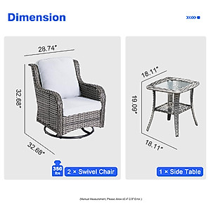 XIZZI Patio Swivel Rocking Chairs Set of 2,Outdoor 360 Degree Rotation Chair Matching Side Table,3 Pieces PE Wicker Patio Bistro Set (Grey Rattan Grey)