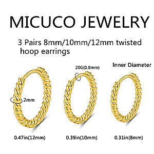 micuco 3 Pairs Small Hoop Earrings for Women 14K Gold Plated Huggie Hoop Earrings Hypoallergenic Twisted Mini Hoop Earrings