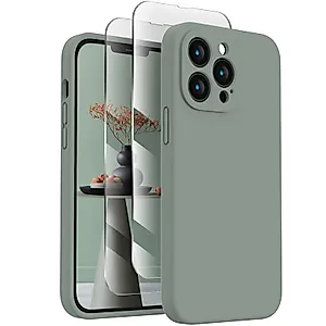 FireNova for iPhone 13 Pro Max Case, Silicone Upgraded [Camera Protection] Phone Case with [2 Screen Protectors], Soft Anti-Scratch Microfiber Lining Inside, 6.7 inch, Calke Green
