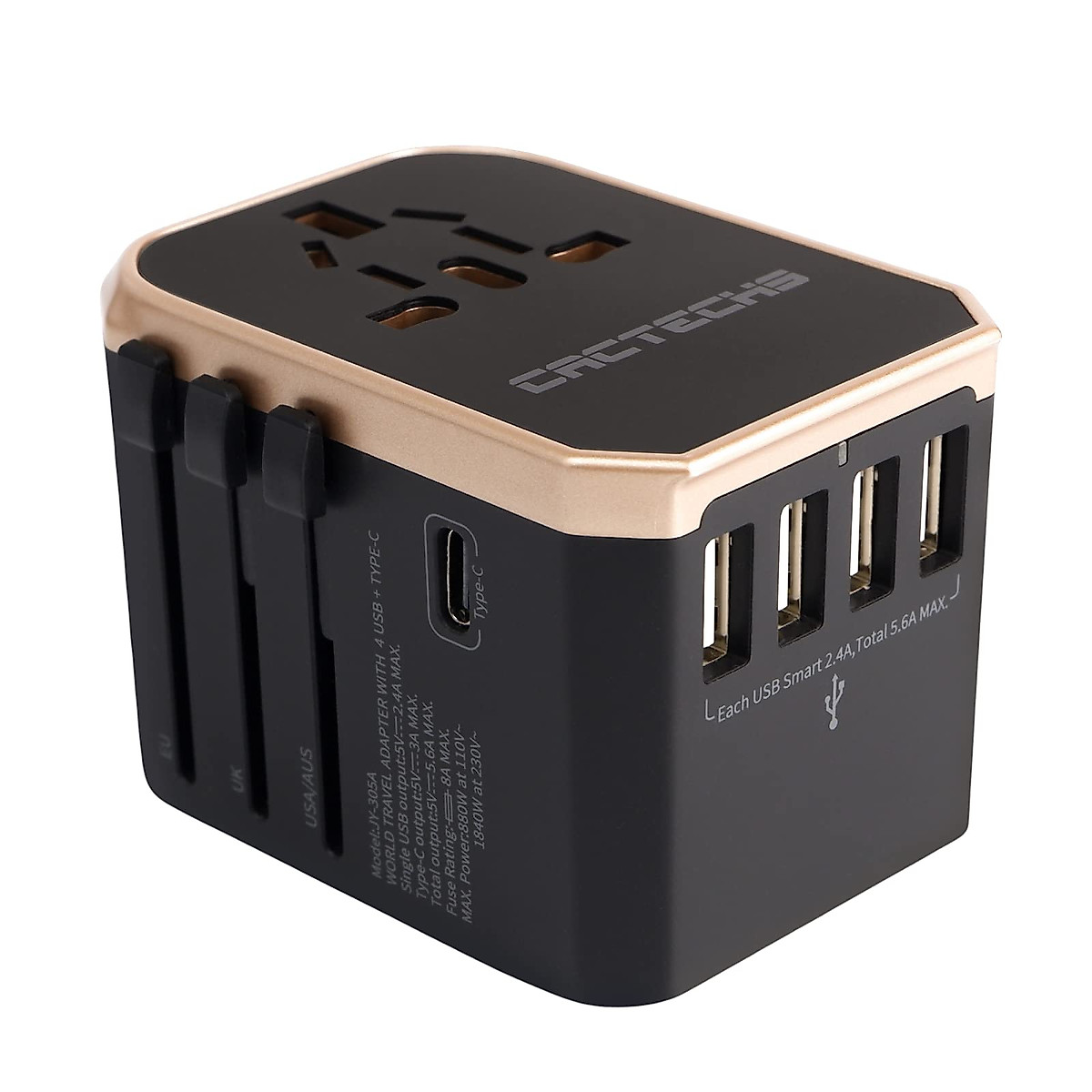 CACTECHS International Universal Travel Adapter Worldwide 4 USB 1 Type C Travel Charger, EU UK European Travel Plug Adapter Europe Power Outlet Converter, Travel Essentials Accessories - Gold