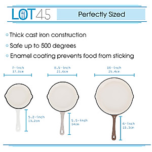 Lot45 Enameled Cast Iron Cookware Set - 3 Piece Non-Stick Ceramic Coated Cast Iron Skillets Stove and Oven Safe Pan Set for Cooking - Heavy Duty Easy Care Glazed Cast Iron