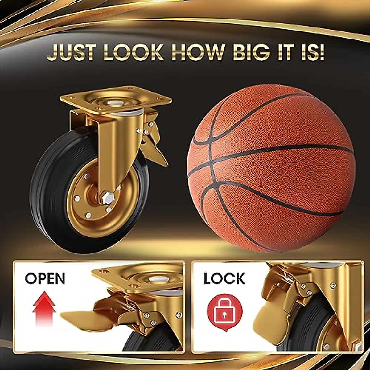 OVLLAN 8 Inch Caster Wheels, Casters Set of 4 Heavy Duty - Swivel Locking Heavy Duty Casters, Industrial Casters with Brake, Rubber Castor Wheels for Cart Dolly Workbench, Total Capacity 3400 lbs