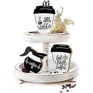 3 Pieces Coffee Bar Decor Signs But First Coffee Wood Plaque Rustic Coffee Bar Tiered Tray Wood Signs Farmhouse Vintage Table Centerpiece Mug Life Coffee Wood Sign for Home Coffee Bar (Cute Style)