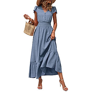 PRETTYGARDEN Womens 2024 Spring Swiss Dot Maxi Dress Short Sleeve V Neck Smocked Waist Ruffle Tiered Flowy Long Party Dresses(Grey Blue, Medium)