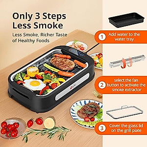 Indoor Grill, Smokeless Indoor Electric Grill & Griddle with Turbo Smoke Extractor Technology, Non-stick Cooking Surfaces, Tempered Glass Lid, 1500W Quick Heating, Great for Party