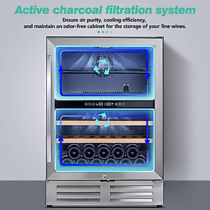 CUSIMAX 24 Inch Wine Cooler, Dual Zone Wine and Beverage Refrigerator, Touch Intelligent Digital 37-64°F Upgrade Wine Cellars, Built in or Freestanding Wine Fridge for Home Office Bar Stainless Steel