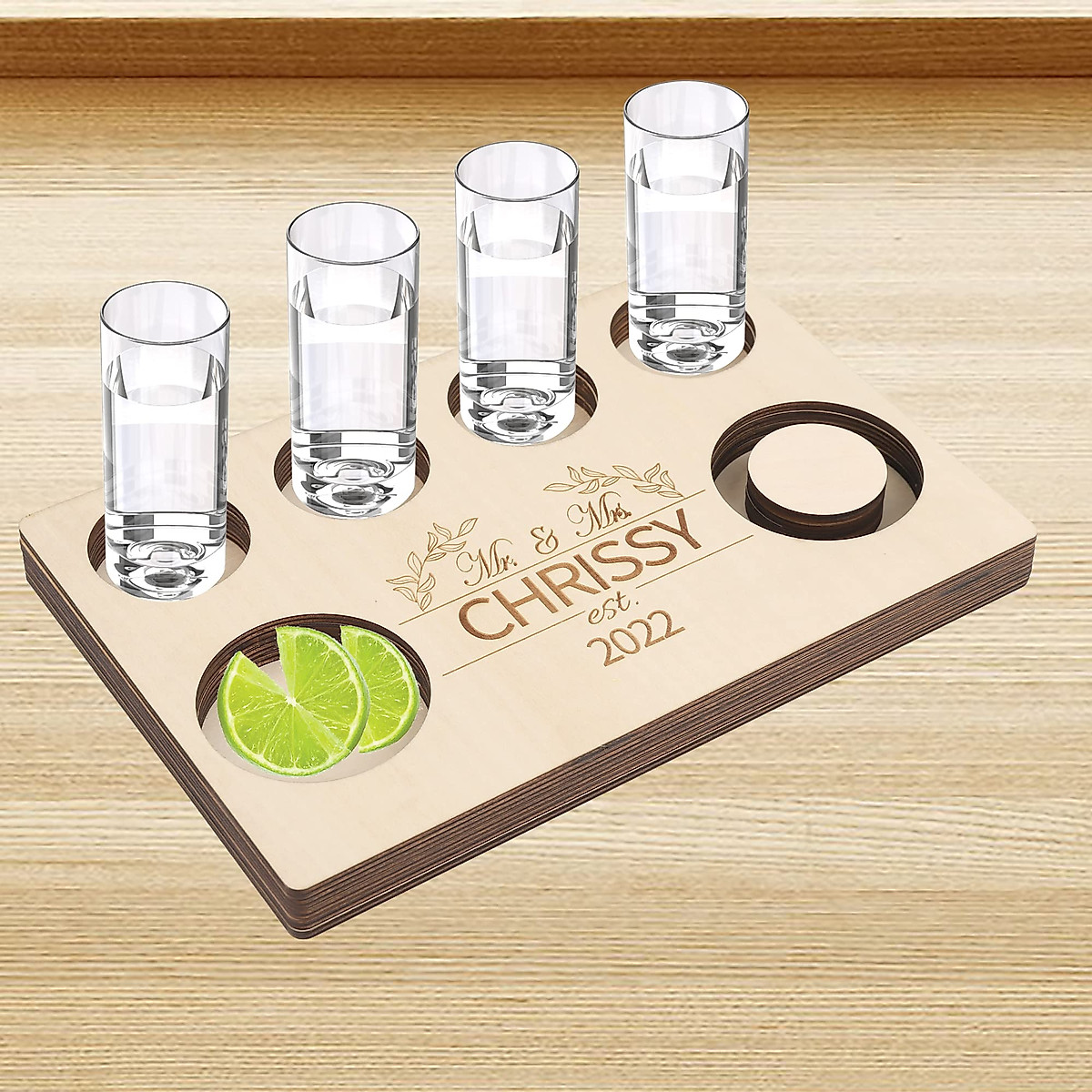ROXIQ Tequila Trays Handmade Mr & Mrs Tequila Flight Board Serving Tray Personalized Shot Glass Holder Display w/ Salt Rim Wooden Bar Tray Liquor Birthday Party Housewarming MenGifts, 31x18x1.5cm