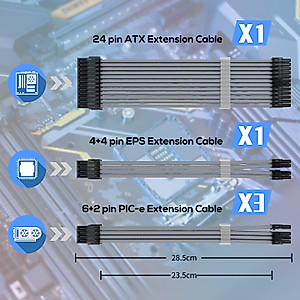 Qingsea Power Supply Cable Kit 30cm Mod Sleeve Extension Sleeved Custom Mod for PSU to Motherboard PC Power Supply Cable (16AWG, Grey, 5)