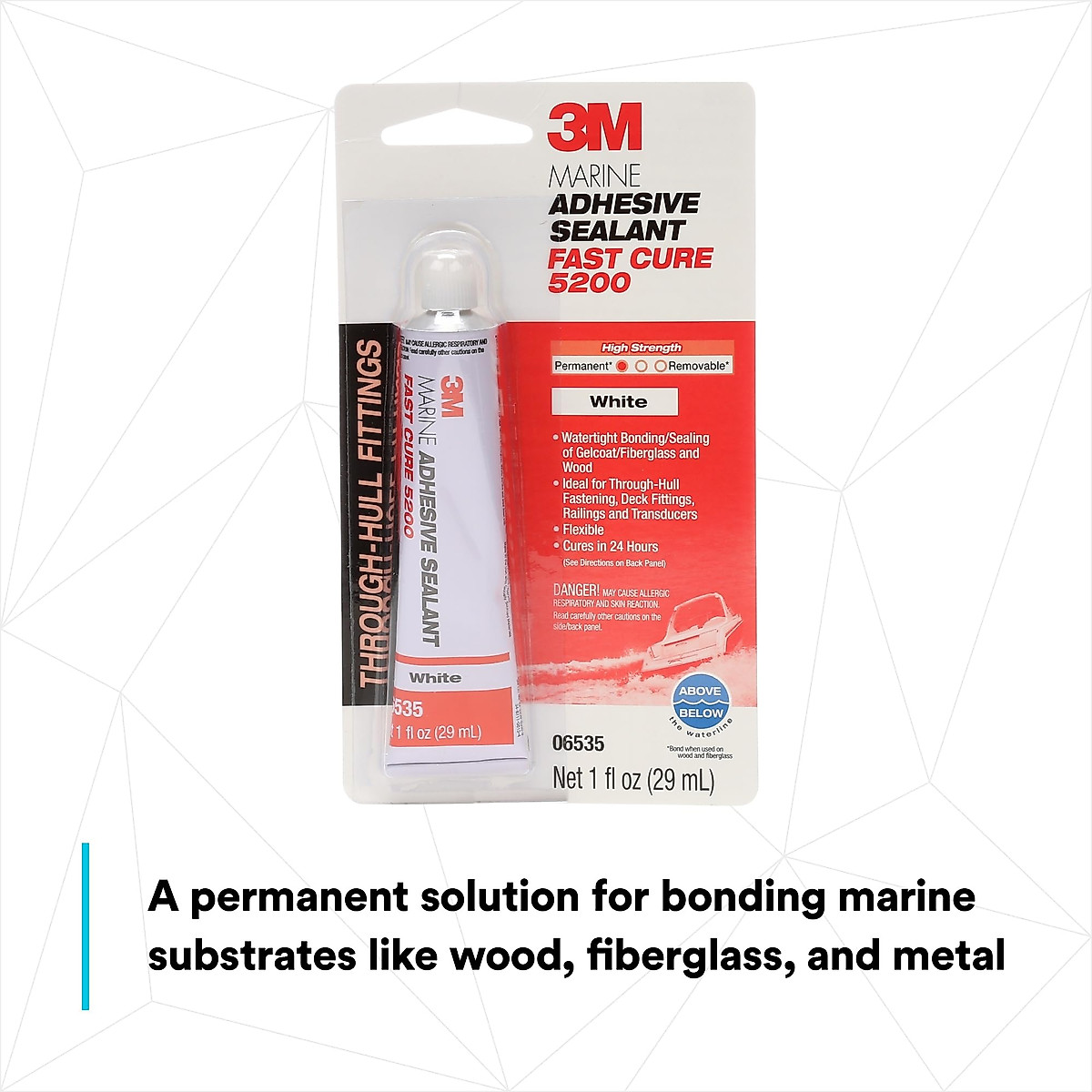 3M Marine Adhesive Sealant Fast Cure 5200 (06535) Permanent Bonding and Sealing for Boats and RVs Above and Below the Waterline Waterproof Repair, White, 1 fl oz Tube
