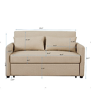 Melpomene Loveseat Sleeper Faux Leather Couch w/Pull-Out Bed and Adjustable Back, 57.1" Modern Convertible Sofa Bed w/ 2 Side Pockets and 2 Pillows (Khaki)