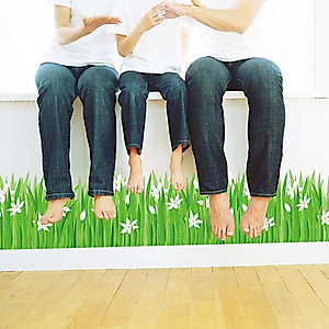BIBITIME Green Grass White Flower Wall Border Decal Vinyl Sticker Peel and Stick Home Art PVC Murals for Living Room Kitchen Bathroom Window Door Nursery Bedroom Children Kids Room Decor