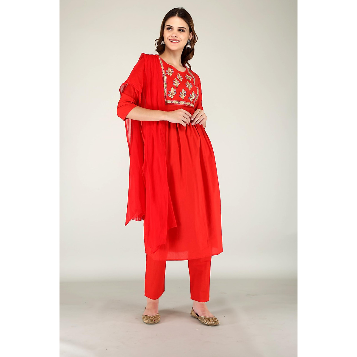 MAHICH WOMEN'S Rayon Anarkali Kurti, Plazzo with Dupatta Set (L) Red